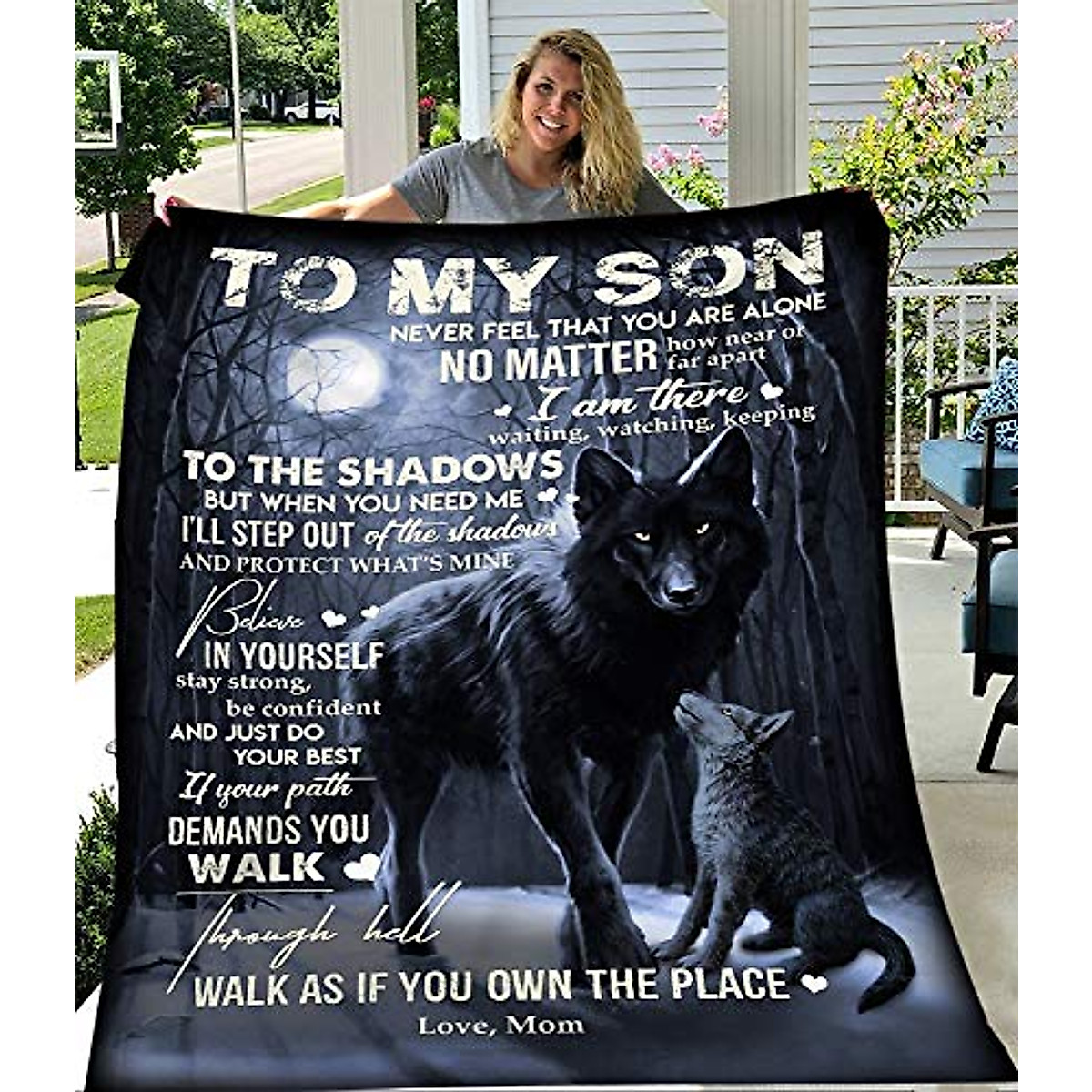 to My Son from Wolf MOM Moon Dark Forest Family Love Letter Quote Vintage Retro Art Picture Print White Fleece Blanket (White Fleece 50"x60")