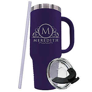 Custom Monogrammed 40 oz Tumbler with Handle, Lid and Straw - Personalized Insulated Stainless Steel Large Cup (Purple)