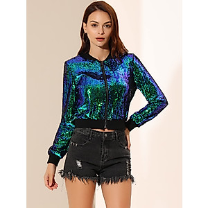 Allegra K Women's Sequin Jacket Long Sleeve Cropped Zipper Up Party Glitter Bomber Sparkly Jackets X-Small Green