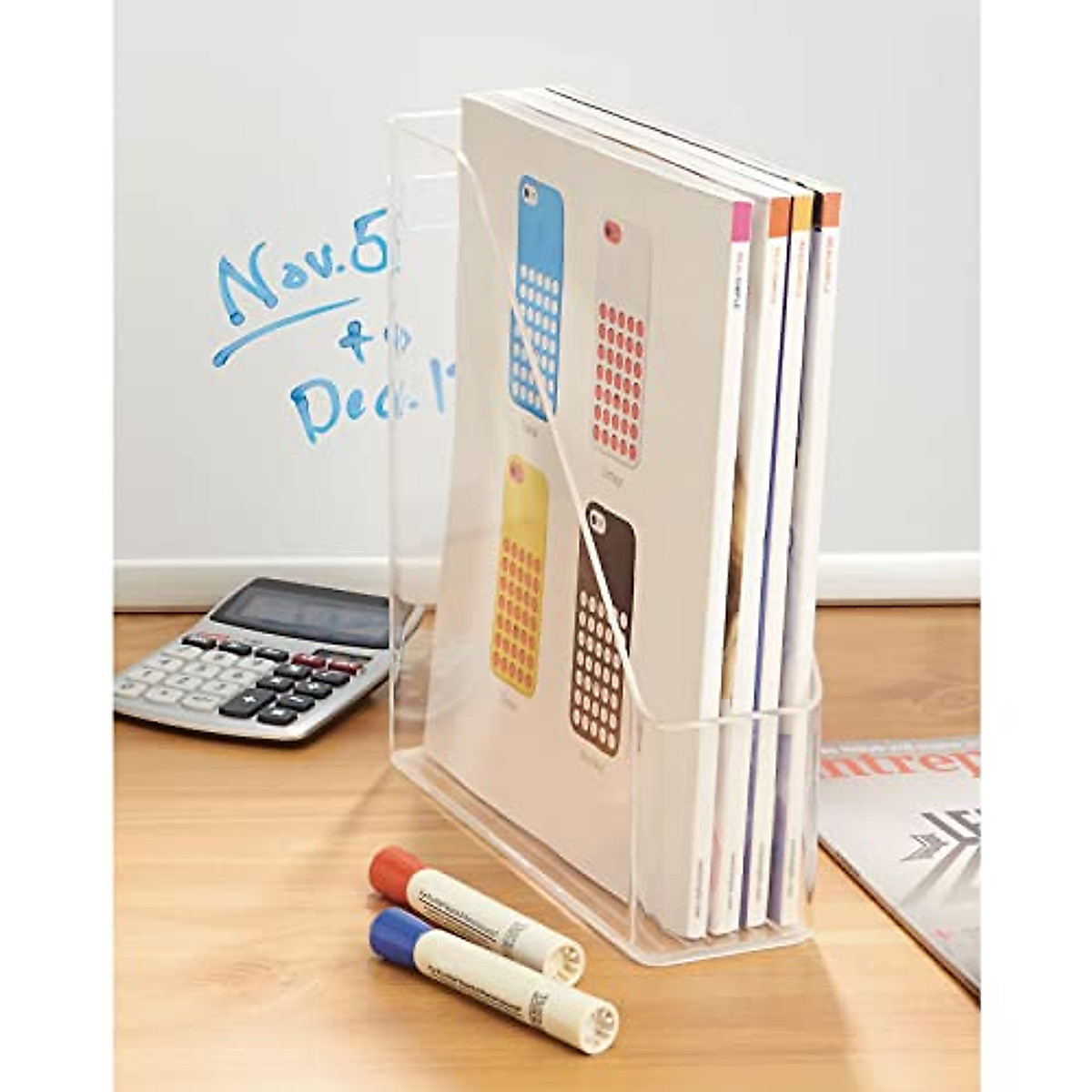 mDesign Plastic Slim Vertical File Folder Bin Storage Organizer with Handle - Hold Notebooks, Binders, Envelopes, Magazines for Home Office, Work Desktops, Ligne Collection, 2 Pack - Clear