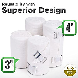 Premium Elastic Bandage Wraps (4" 2pack & 3" 2Pack) - Made of USA Grown Soft Woven Cotton - Metal Clip Fasteners - GT Latex Free Roll for Sprains & Injuries