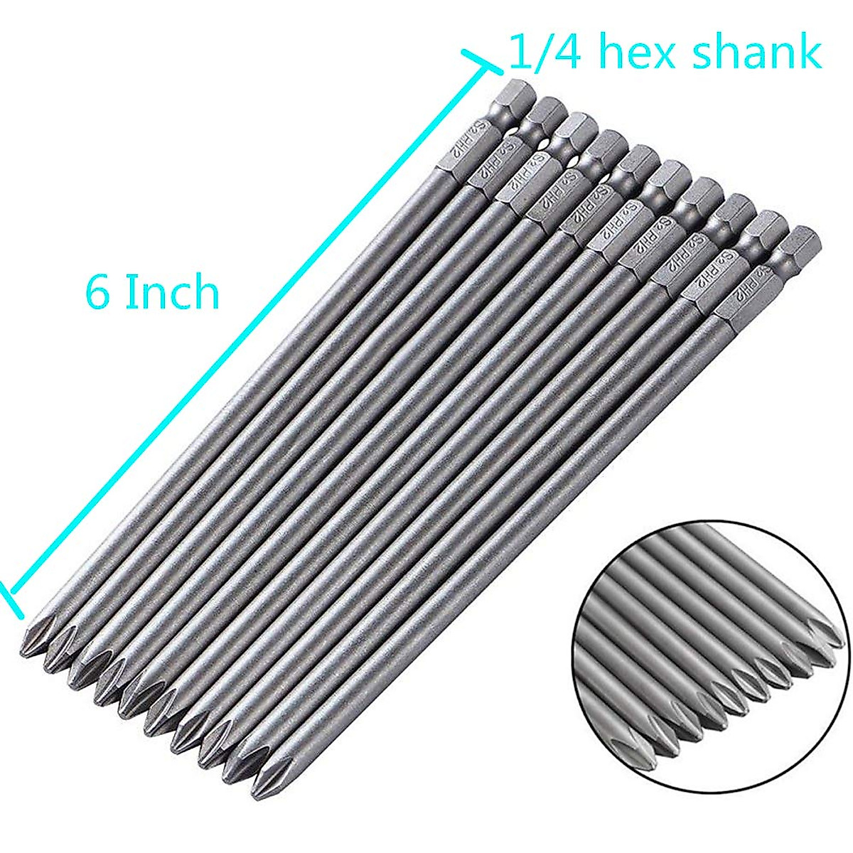 Rocaris 6 in Phillips Screwdriver Bit Sets 1/4 Inch Hex Shank Magnetic Screwdriver Bits Cross Head S2 Steel Screwdriver Bits 10 Pack