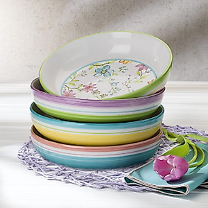 Euro Ceramica Charlotte Collection Pasta Bowls Set of 4 Service for 4, Watercolor Floral Design in Multicolor White Pink