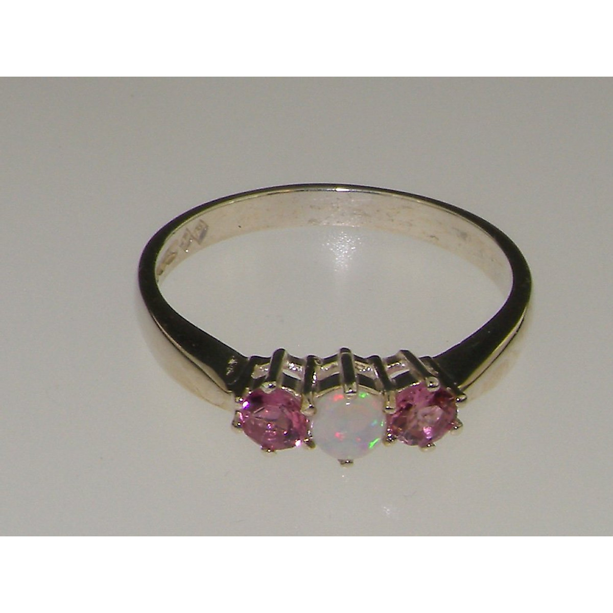 LetsBuyGold 925 Sterling Silver Natural Opal and Pink Tourmaline Womens Trilogy Ring - Size 4.25