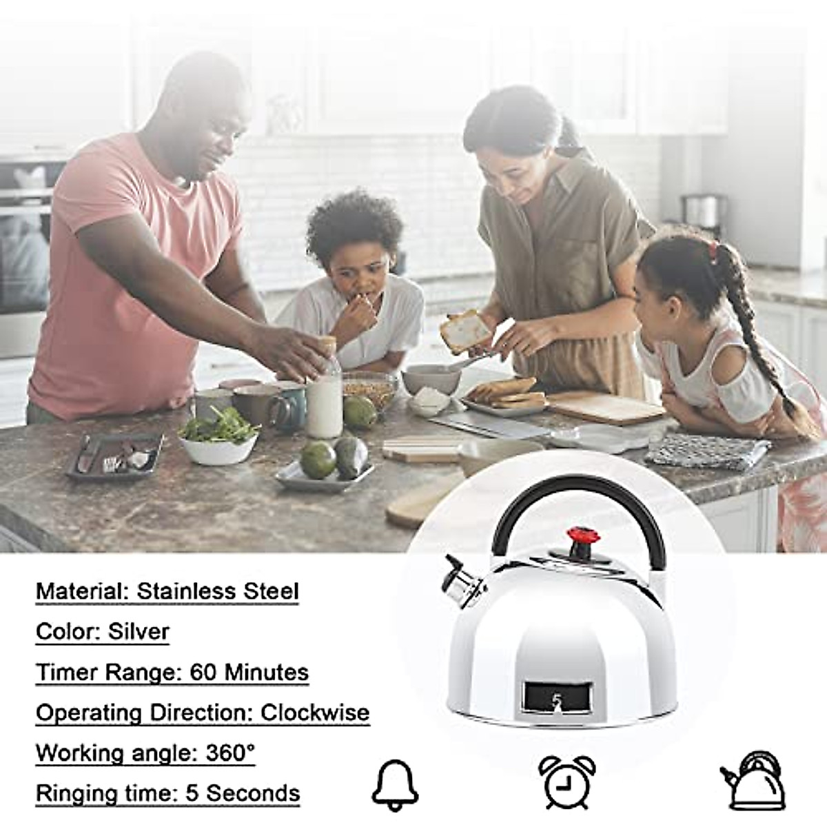 Eboxer 60 Minute Mechanical Kitchen Timer, Teapot Shaped Cooking Timer Clock, Stainless Steel Wind Up Dial Rotating Countdown Egg Timer, Sets from 0 to 60 Minutes