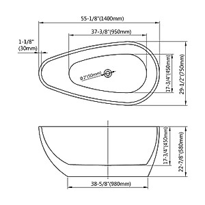 Dowell 074 55",60" & 63" Luxury Contemorary High Grade Acrylic FREE STANDING Bathtub White/Black/Red Modern New (55-1/8"x29-1/2"x22-7/8")
