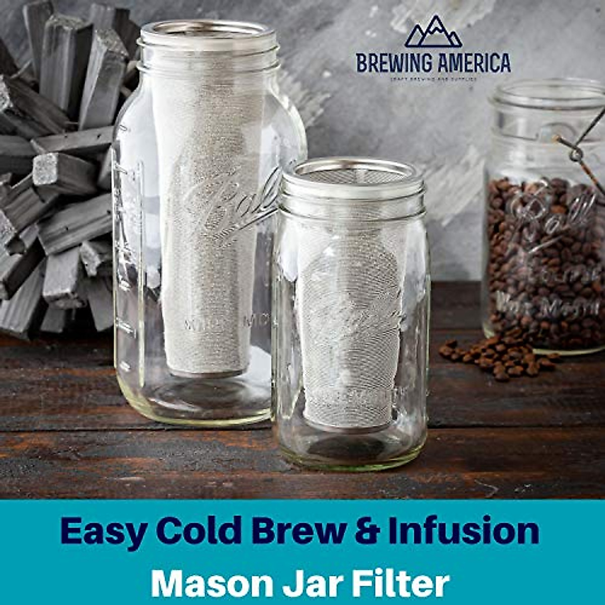 Cold Brew Filter for Mason Jar Wide Mouth Coffee Maker, UPGRADED Stainless Steel Mesh with Silicone Seals (2 Quart (64 Ounces)
