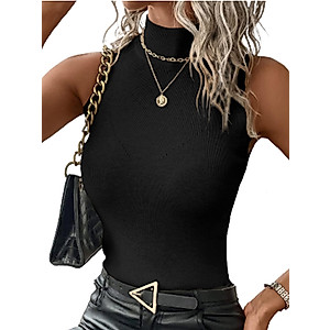 Verdusa Women's Casual Casual Solid Sleeveless Mock Neck Slim Fitted Knit Tank Top Black M