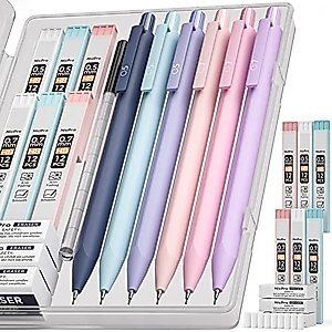 Nicpro 6PCS Pastel Mechanical Pencil Set, Cute Mechanical Pencils 0.5 & 0.7 mm with 6 Tubes HB Lead Refill, 3PCS Eraser and 9PCS Eraser Refill for Student Writing, Drawing, Sketching- with Cute Case