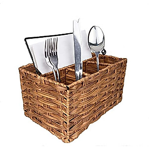 Flatware Organizer, Wicker Woven Divided Cutlery Storage Caddy Tote, Basket Holder for Kitchen Table, Cabinet, Pantry - Hold Silverware, Forks, Knives, Spoons, Napkins and other Utensils Dispenser