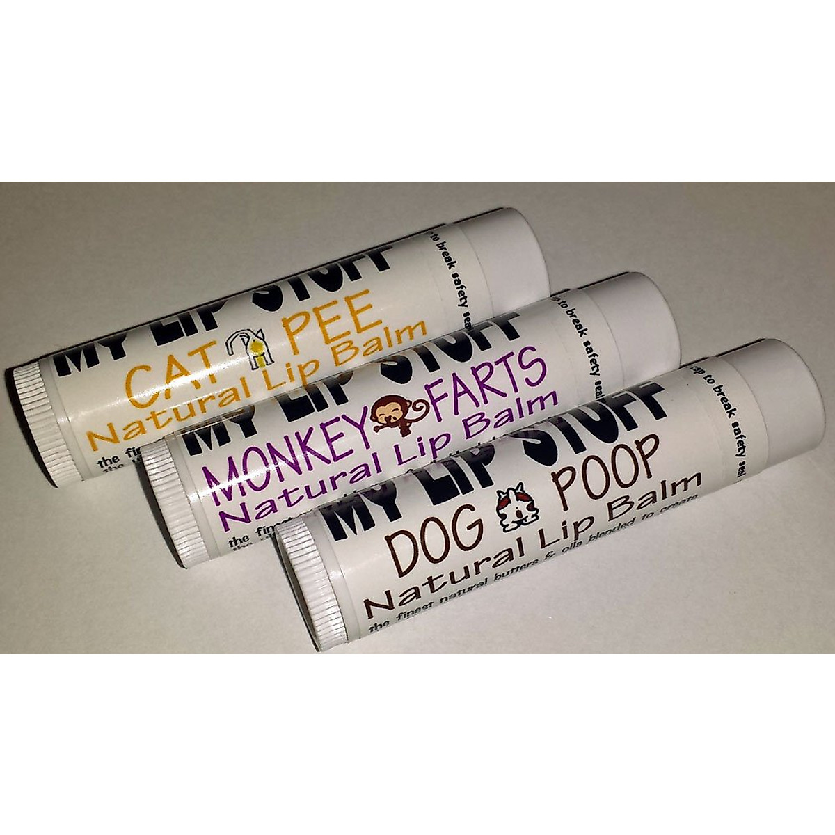 My Lip Stuff Prankster Pack (Monkey Farts, Dog Poop, cat Pee) Natural Lip Balm Set