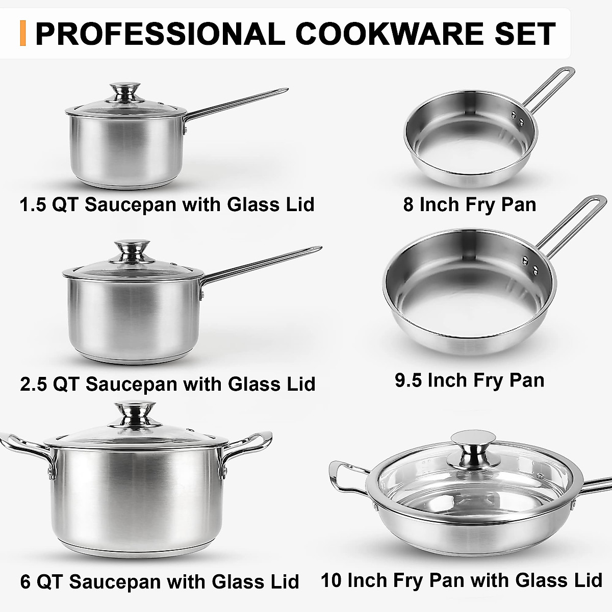 10-Piece Stainless Steel Pots and Pans Set, Kitchen Cookware Sets, Induction Pots and Pans, Cooking Set with Glass Lids, Frying Pans & Saucepan Compatible with All Stovetops