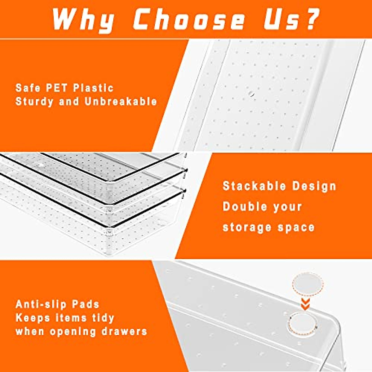 Criusia 8 Pack Large Clear Plastic Drawer Organizer Set, Bathroom Organizer Vanity Trays Dividers, Non Slip Storage Bins for Makeup, Jewelry, Snacks, Office, Desk, Fridge, Bedroom, Kitchen