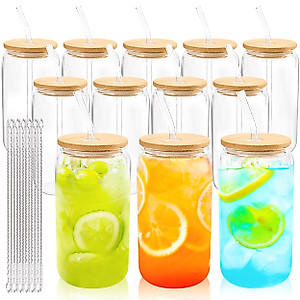 Joyclub 12 Set Glass Cups with Bamboo Lids and Straws 16oz Can Shaped Reusable Iced Coffee Cups with Lids, Drinking Glasses Tumbler with Straw and Lid for Soda Boba Tea Cocktail Whiskey Gift