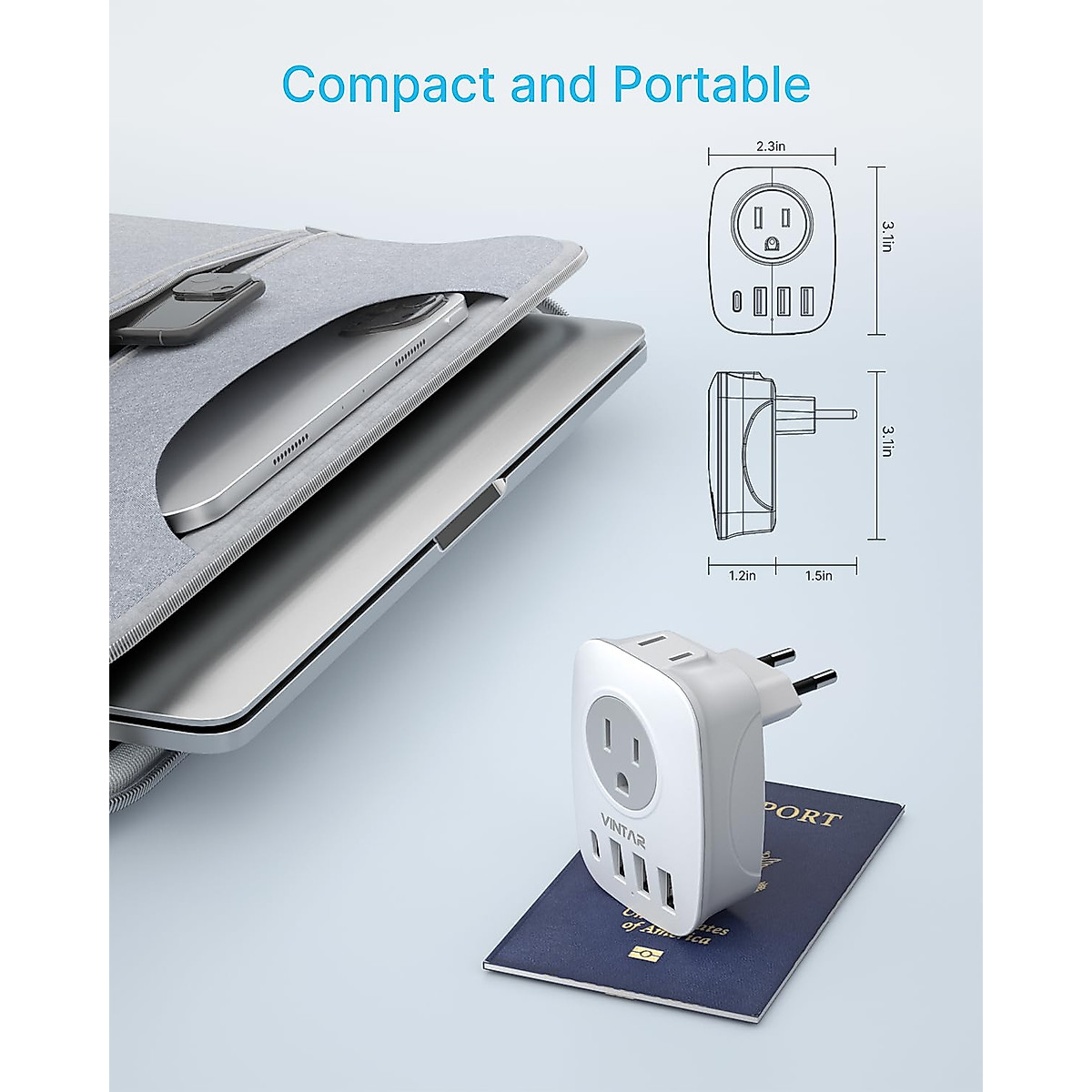 3 Pack European Travel Plug Adapter, VINTAR International Power Plug Adapter with 2 American Outlets, 1 USB C and 3 USB Ports, 6 in 1 Travel Essentials to France, German, Italy, Spain (Type C)