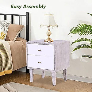 kinbor Modern Nightstand Set of 2, Side End Table Bedside Tables with 2 Storage Drawers and Solid Wood Legs, Night Stands for Bedroom Living Room, Gray/White