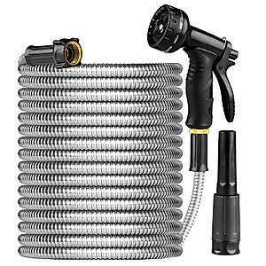 Ainpota Garden Hose Water Hose 100ft Metal Heavy Duty Stainless Steel Water Pipe with Sprayer & Nozzle Flexible Lightweight Hose No Kink Pet Proof Hose for Yard, Outdoors, Rv
