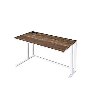 Knocbel 47in Contemporary Computer Desk with Built-in USB Port and Sockets, Home Office Workstation Writing Table with Metal Frame (Walnut and White)