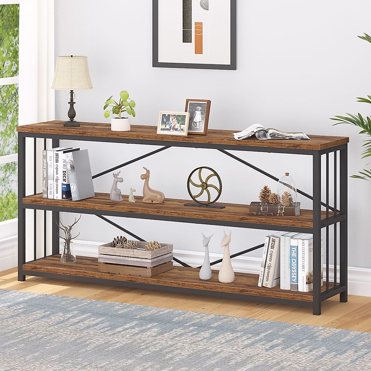 IBF Low Rustic 3 Tier Bookshelf, Industrial Horizontal Wood Bookcase, Farmhouse Long Wide Open Metal Etagere, Modern Large Vintage Book Shelf for Home Office Bedroom Living Room, Rustic Brown, 63 Inch