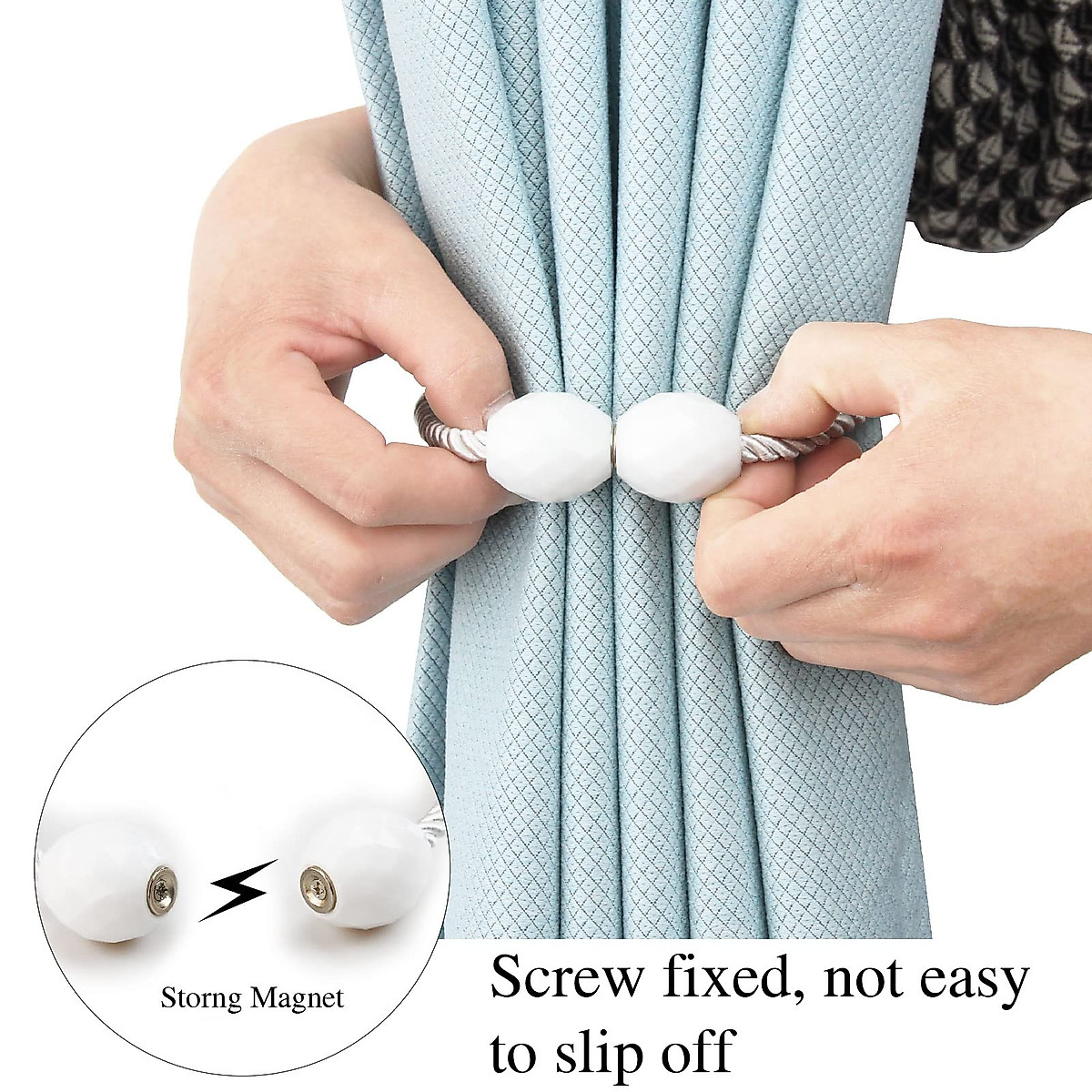Hangtty 2 Pack Strong Magnetic Curtain Tiebacks Rope Decorative Curtain Tie Backs Magnetic Curtain Holders for Drapes Window Treatment Holdbacks, White