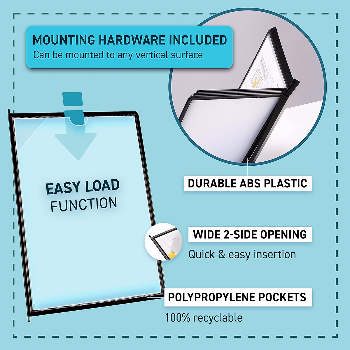 Tarifold Wall Mounted Reference System with 10 Easy-Load Pockets - 20 Sheet Capacity - Letter-Size - Black (EZW771)