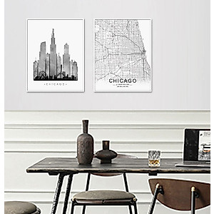 Chicago Skyline, Chicago Wall Art, Chicago Street Map, Watercolor Skyline Print, Building Wall Decor, Office Wall Art, Map Print, Set of 2 Prints, 11X14 Inch Unframed