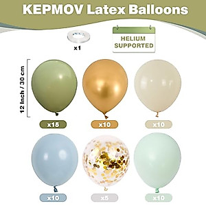 Dusty Sage Green Blue Balloons, 60 PCS Olive Green Slate Blue Beige Balloons with Metallic Gold Confetti Balloons, 12 Inch Latex Balloon Set for Boho Birthday Wedding Bridal Shower Party Decorations