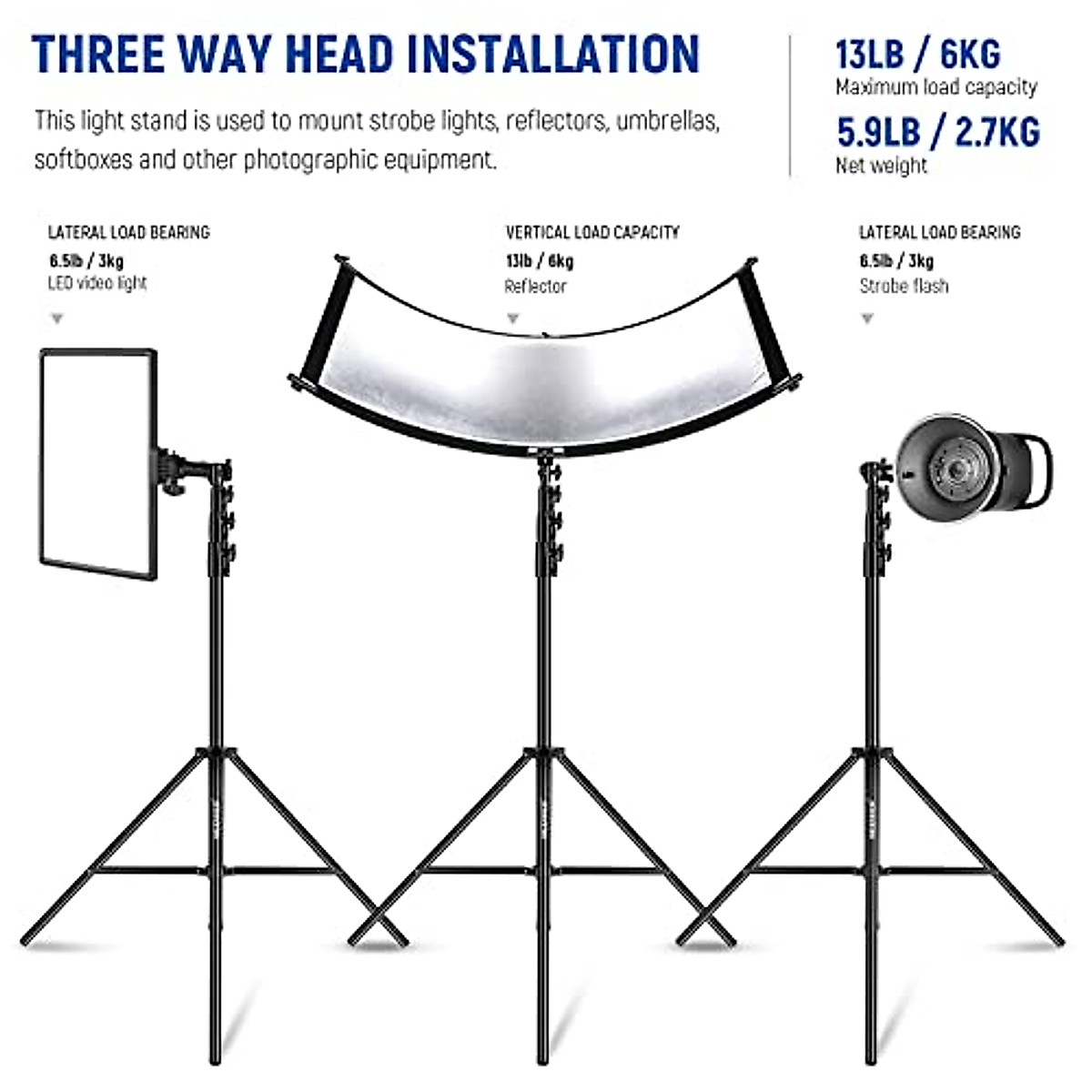 NEEWER 13ft/4m Air Cushioned Light Stand, Heavy Duty All Metal Photography Tripod Stand with 1/4” to 3/8” Reversible Spigot, 3 Way Mounting Interface & Metal Locking Knobs, Max Load 6.5lb/3kg