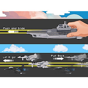 Crelloci Aircraft Carrier Military Naval Ship with Pull Back Army Fighter Jet Toy Small Scale Model Plane Submarine Kids' Play Vehicle Set for Boy Girl Children