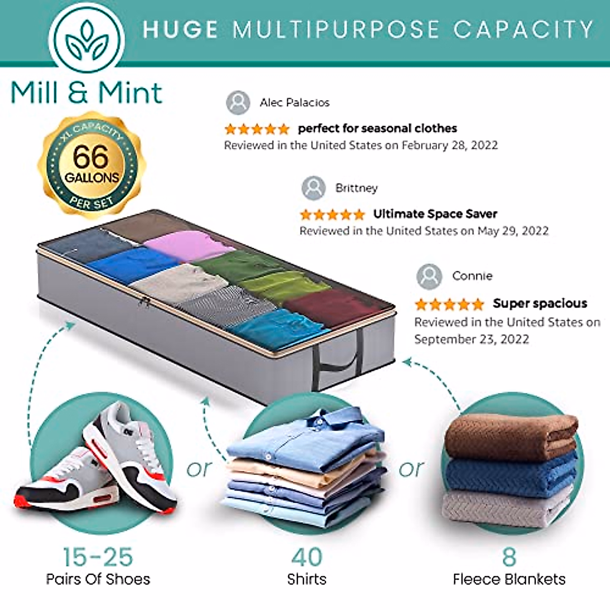 Mill & Mint – 3 Underbed Storage Bags + 1 Organizer Tote– Foldable, Large Under Bed Storage Containers for Clothes, Blankets, Shoes & Toys, Gray