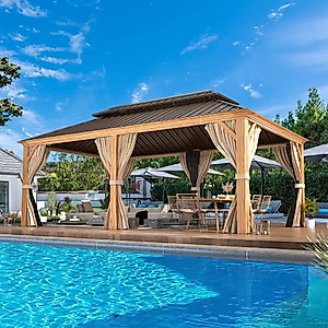 Erinnyees 12' x 20' Aluminum Wood Grain Hardtop Gazebo, Outdoor Aluminum Double Roof with Privacy Curtain and Mosquito Net for Patio, Lawn, Garden, Deck(Wood Looking)