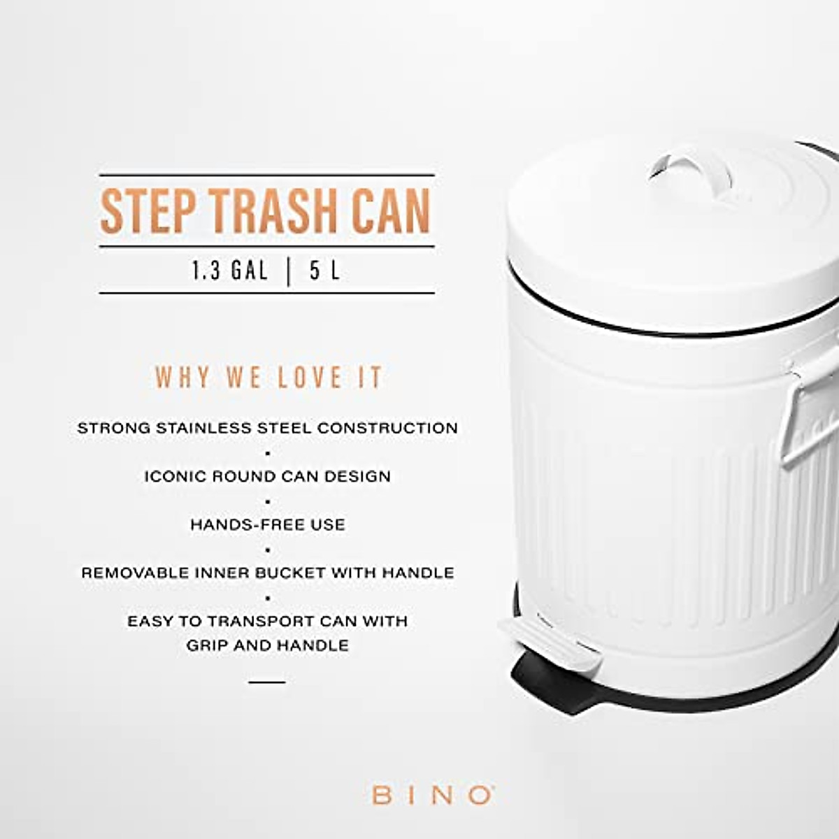 BINO Round Step Trash Can | Home or Office Bathroom Trash Cans with Lids | Kitchen Garbage Can with Non-Slip Stepper | Stainless Steel Small Trash Can with Lid | Matte White (1.3 Gallon/5 Liter)