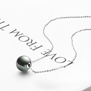 DENGGUANG Black Pearl Necklace for Women, 10-11mm Tahitian Saltwater Cultured Round Pearl Pendant with 18" Sterling Silver Chain, Christmas Jewelry Gifts for Wife Mom - White Gold