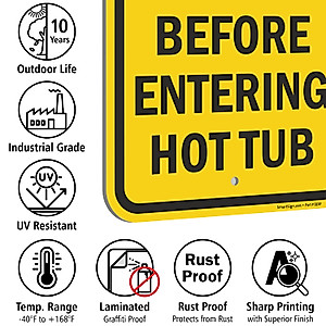 SmartSign 18 x 12 inch “Please Shower Before Entering Hot Tub” Sign with Pre-Cleared Holes, Digitally Printed, 55 mil HDPE Plastic, Black and Yellow, Made in USA