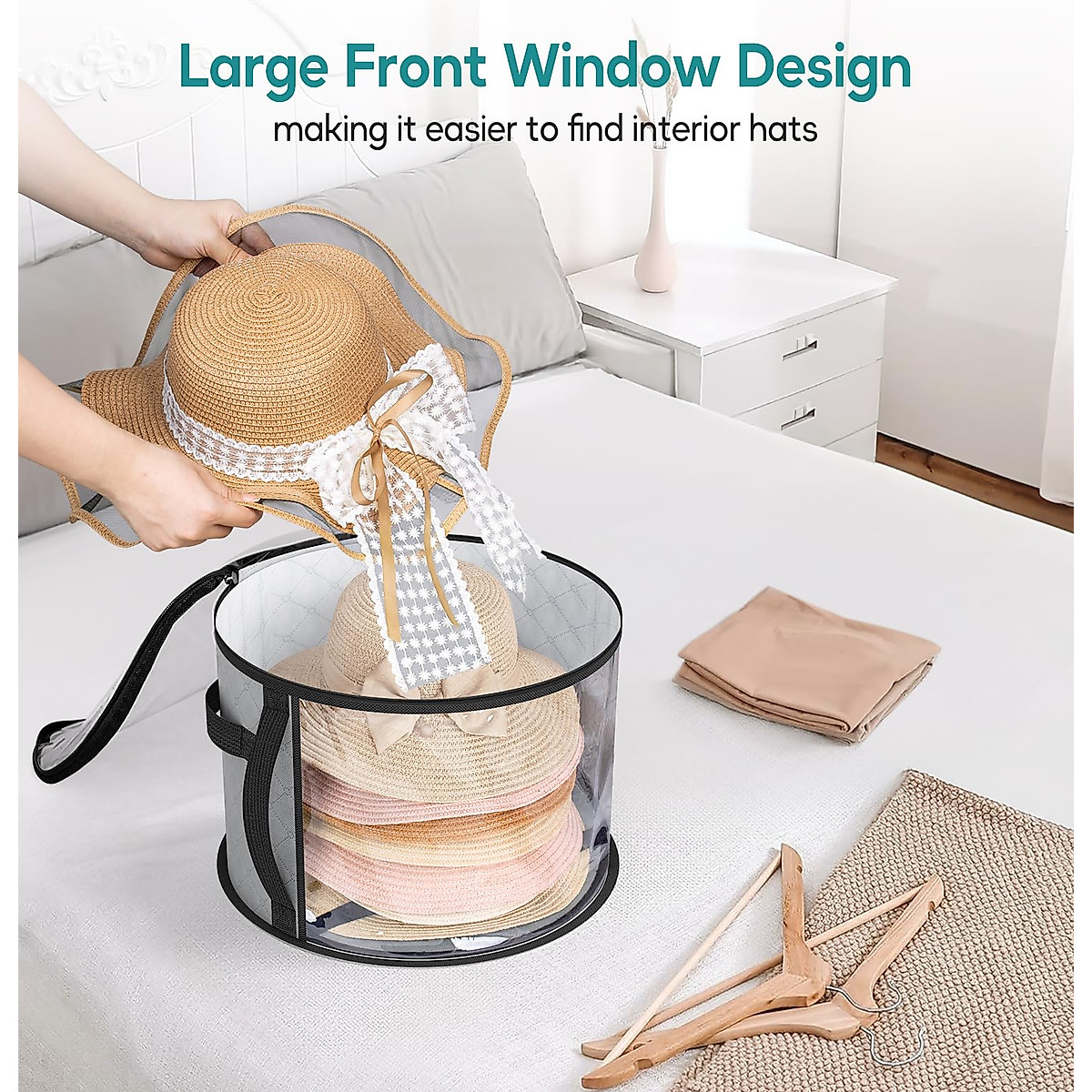 AOODA Oversized Clear Hat Storage Bag for Women, Holds up to 7 Caps Cowboy Hat Organizer for Closet, Wide Brims Hat Case with Carrying Handles (Grey)