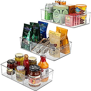 Sorbus 3 Pack Snack Organizer Bins w/Lids & 4 Removable Dividers, Clear Plastic Food Packet Organizer, Multi-Use Stackable Pantry Organization, Kitchen Storage, Fridge Bins, Sturdy Cabinet Organizers