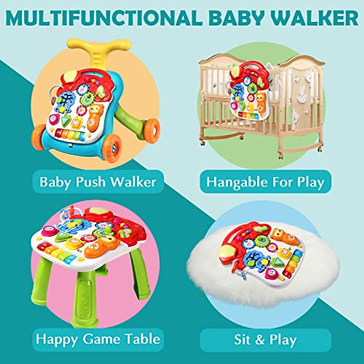 3 in 1 Sit to Stand Walker, Baby Push Walker with Musical Play Table, Speed & Height Adjustable Learning Walker for Baby for 12 Month and Up
