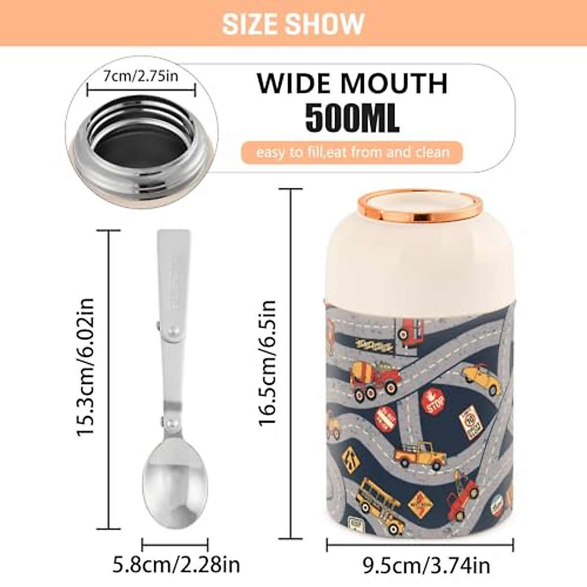JUNZAN Cute Car Truck Road Traffic Kids Womens Insulated Food Jar with Spoon 17oz/500ml Steel Food Jar Stainless Steel Vacuum Keep Warm Food Container for Keep Food Hot