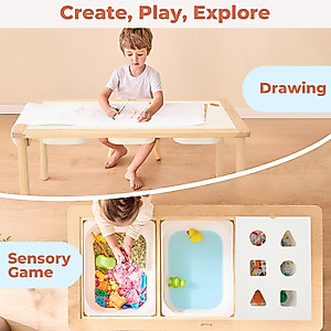 Sensory Table with 3 Foldable Storage Bins, Multifunction Wooden Sand and Water Table with Double-Side Board & Paper Roll Dispenser, Activity Game Table, Indoor Outdoor Use, for Kids