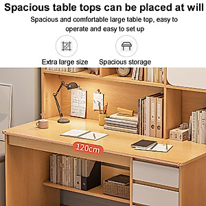 Modern Desk with Storage Drawers,Wood Computer Desk with Shelves,Sturdy Writing Desk Table with Bookshelf, Home Office Desk with Drawers for Study/Workstation(120x45x164cm(47x18x64in), B)
