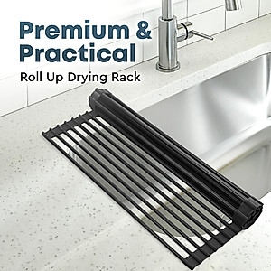 Zulay Kitchen Extra Large Roll Up Dish Drying Rack- Heavy Duty Silicone Wrapped Steel Rods Over Sink Dish Drying Rack - Versatile Roll Up Sink Drying Rack & Trivet (Gray),20.5 inches x 13 inches