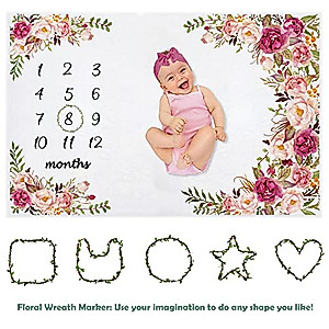 Yokakio Baby Monthly Milestone Blanket Girl, Milestone Blanket for Baby Girl, Track Growth and Age, Newborn Shower Gifts for Mom, Includes Floral Wreath & Pink Bow Headband, 60" X 40"