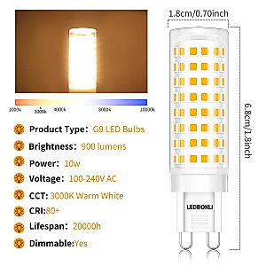 LEDBOKLI 10W Dimmable G9 LED Light Bulb, Equivalent 80 Watt Incandescent Light Bulbs,Warm White 3000K G9 LED Lamp, G9 Base Chandelier Light Bulbs, 900LM, Energy Saving, Non Flicker, 5-Pack