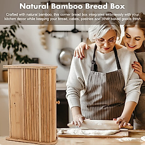 Bamboo Bread Box For Kitchen Countertop TOMKID Farmhouse Corner Bread Box 2 Layer Bread Storage Container, Extra Large Bread Boxes, 15.1 in x 11.8 in x 16.8 in (Assembly required)