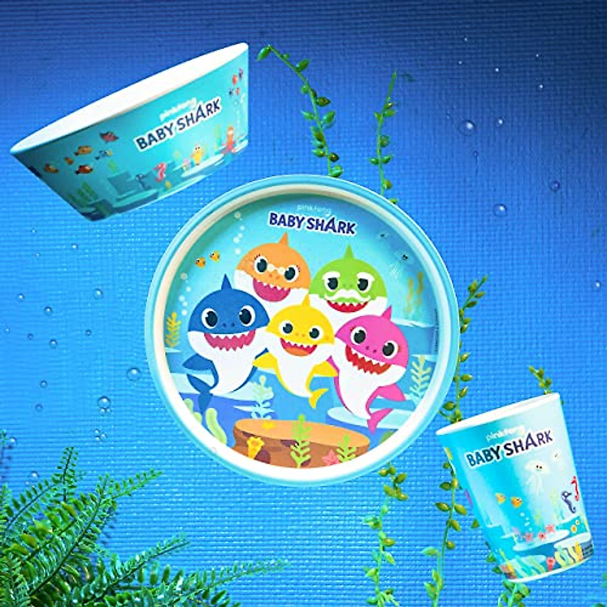 Zak Designs Baby Shark Dinnerware Set for Kids Includes 8" Plate, 6" Bowl, and 10oz Tumbler, Durable and Sustainable Melamine Bamboo Material (3-Piece Set)