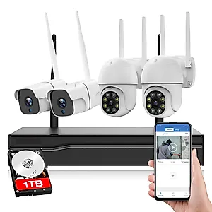 3MP Home Security Camera System Wireless Outdoor, 8 CH WiFi Surveillance NVR Kits with 2X IP Cameras & 2X PTZ Cameras, 1TB HDD, 2-Way Audio, Color Night Vision, Motion Alert, Remote Access
