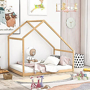 Full Size Wood House Bed, Wooden Bedframe with Roof for Kids, Teens, Boys or Girls Bedroom Furniture, Full Floor Bed Frame Box Spring Needed (Natural)