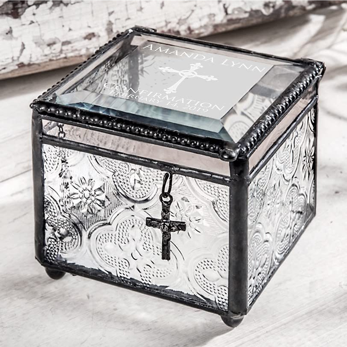 Confirmation Gift Personalized Keepsake Custom Engraved Vintage Stained Glass Jewelry Trinket Rosary Case J Devlin Box 631 EB221