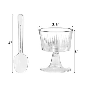 Elsjoy 75 Pack Mini Dessert Cups with Spoons, 3.5 Oz Clear Plastic Appetizer Cups Disposable Tasting Cups for Mousse, Ice Cream, Puddings, Detachable Stem Base