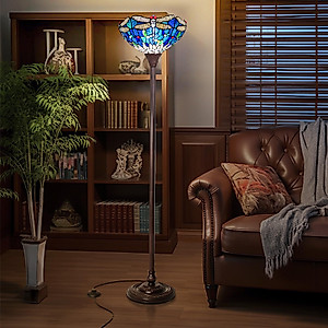 Capulina Sea Blue Tiffany Torchiere Floor Lamp Industrial Dark Bronze Pole Dragonfly Style Stained Glass Standing Light for Living Room Bedroom